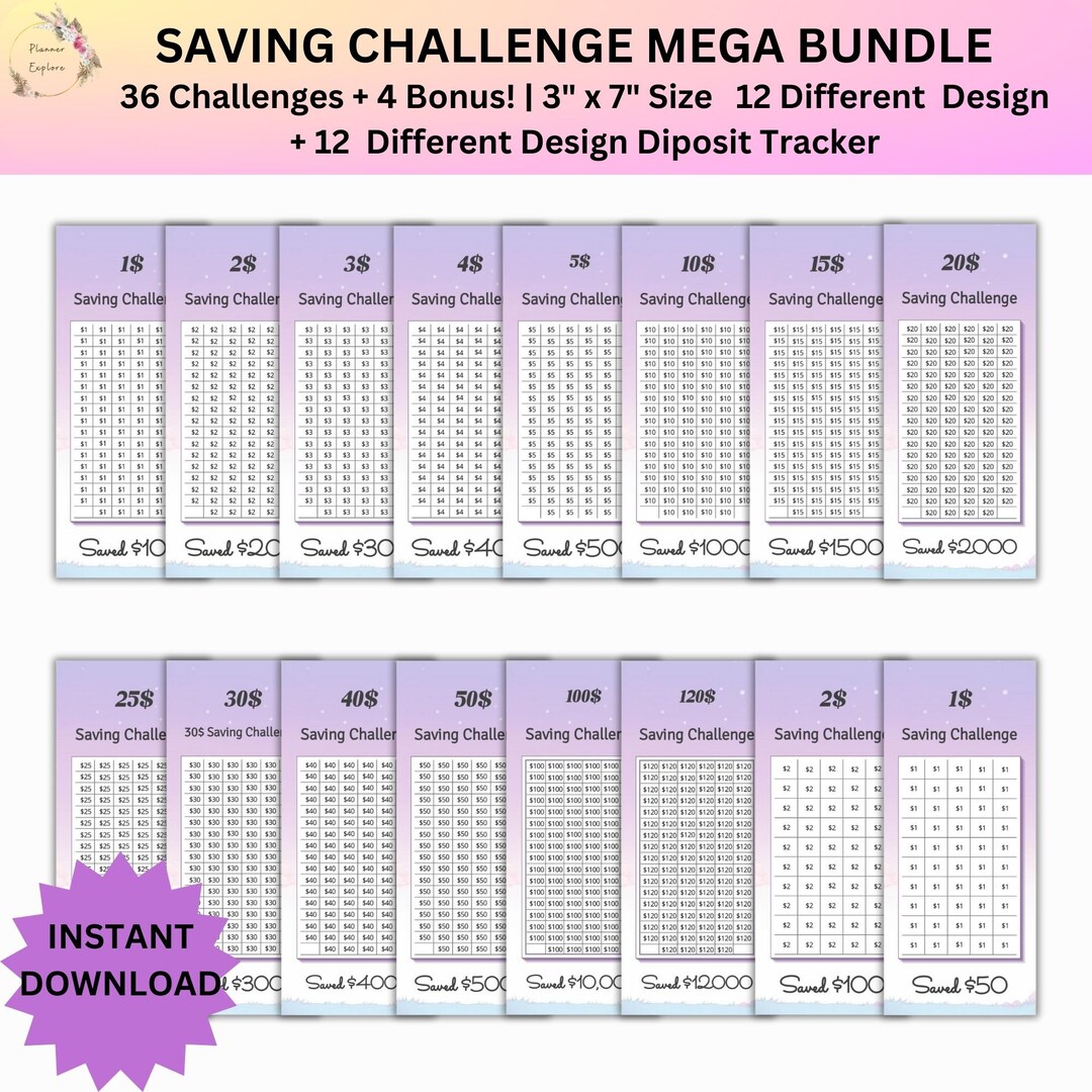 Savings Challenge Printable Savings Challenge Bundle A6 Sized 1000 ...
