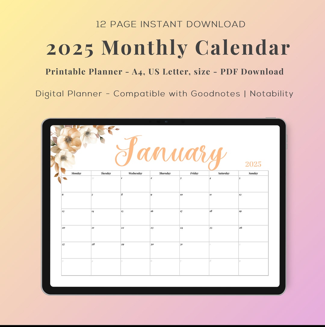 2025 Monthly Calendar Landscape, Printable Calendar Template ...