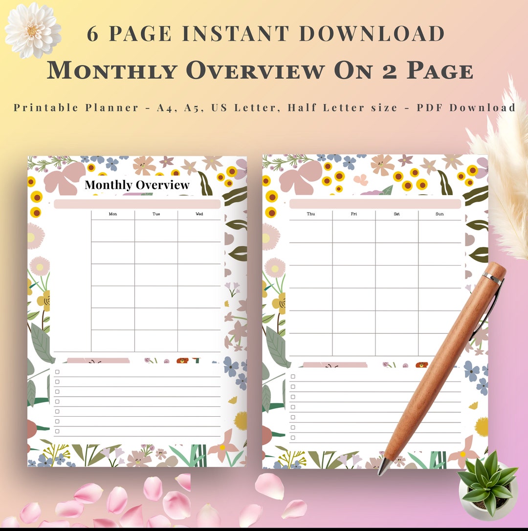 Undated Monthly Overview Printable, Month on Two Pages, Month at a ...