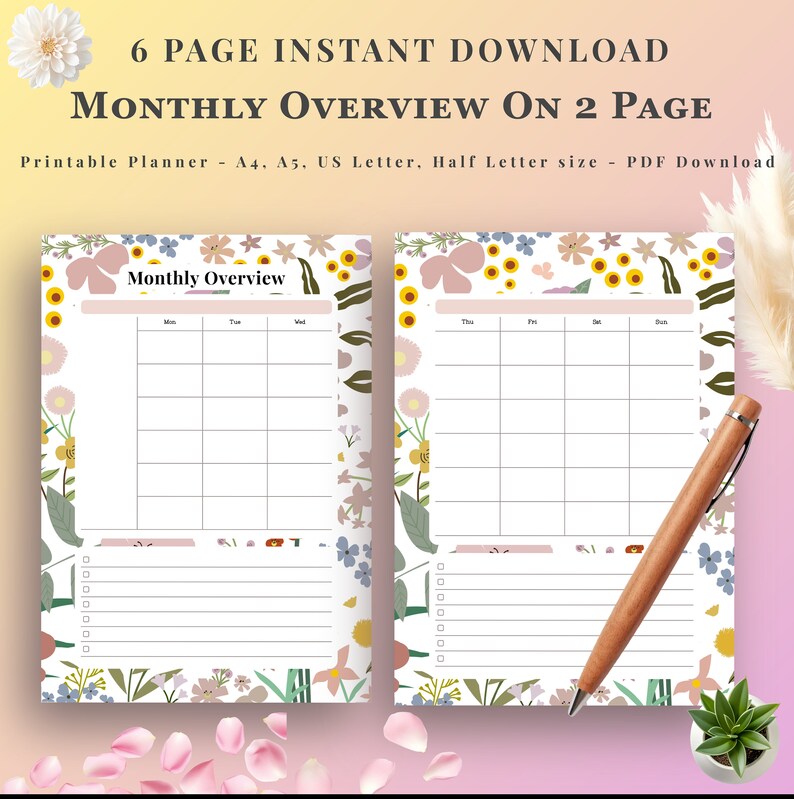 Undated Monthly Overview Printable, Month on Two Pages, Month at a ...