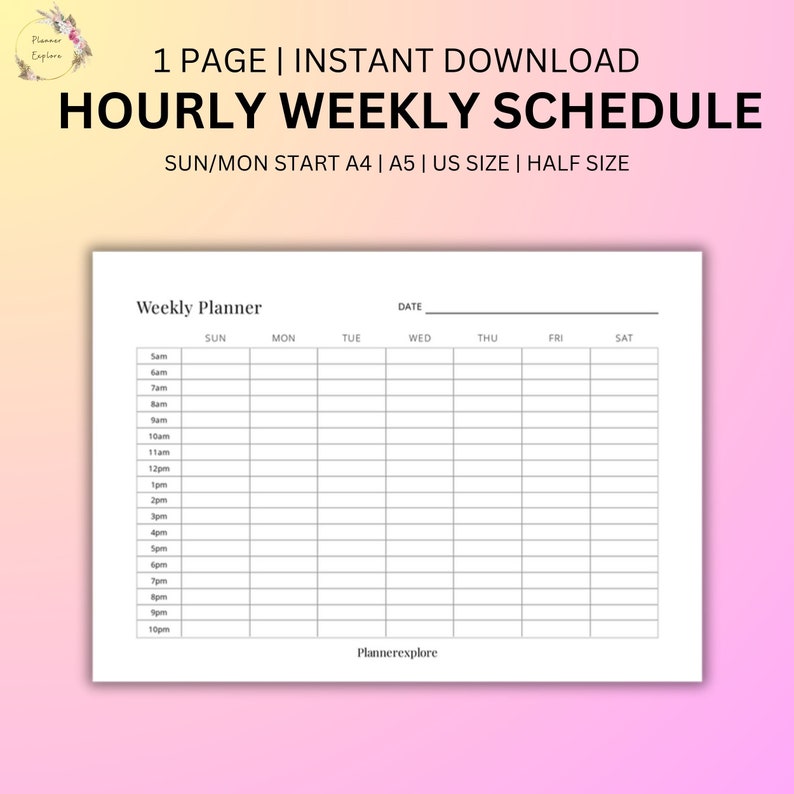 Hourly Weekly Schedule Landscape, Digital Weekly Planner, Week at a ...