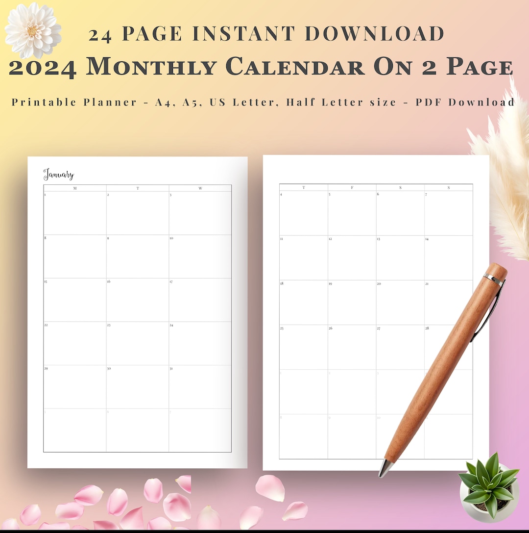 2024 Monthly Planner Printable, Dated Month on 2 Pages, 2024 Calendar ...