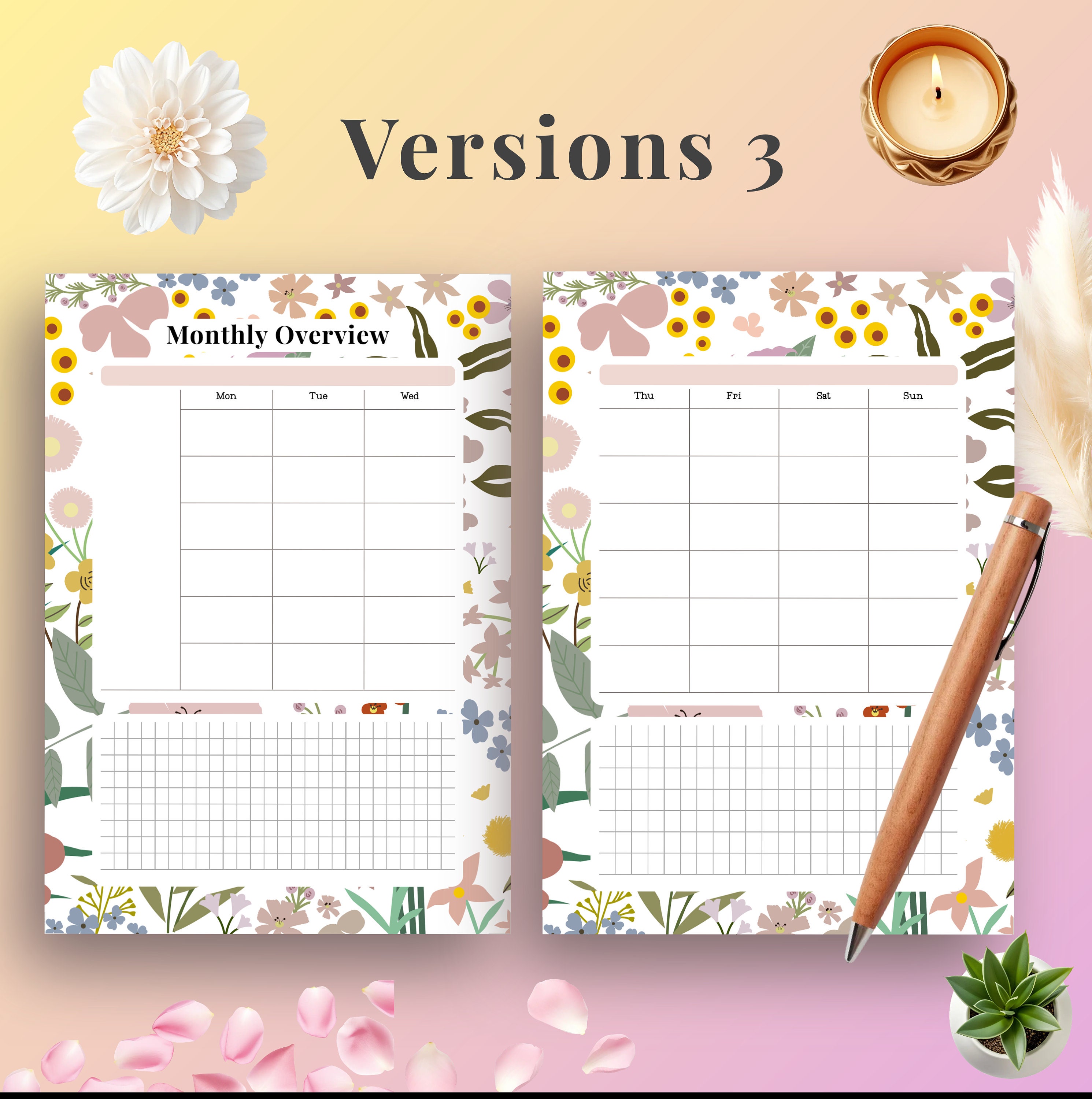 Undated Monthly Overview Printable, Month on Two Pages, Month at a ...