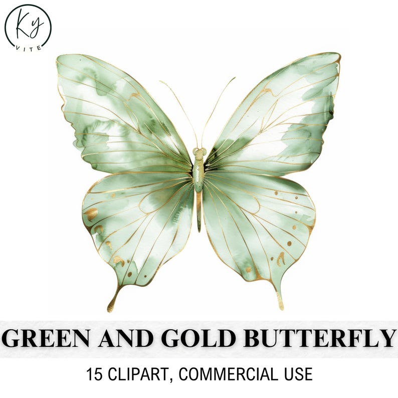 15 Butterfly Clipart, Green & Gold Butterflies, Printable Watercolor ...