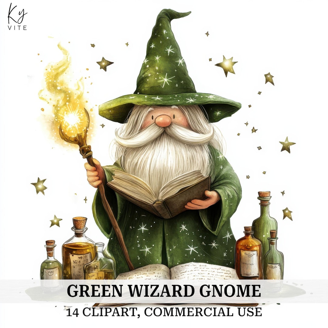 14 Green Wizard Gnome Clipart, Cartoon Gnome, Card Making, Scrapbook ...