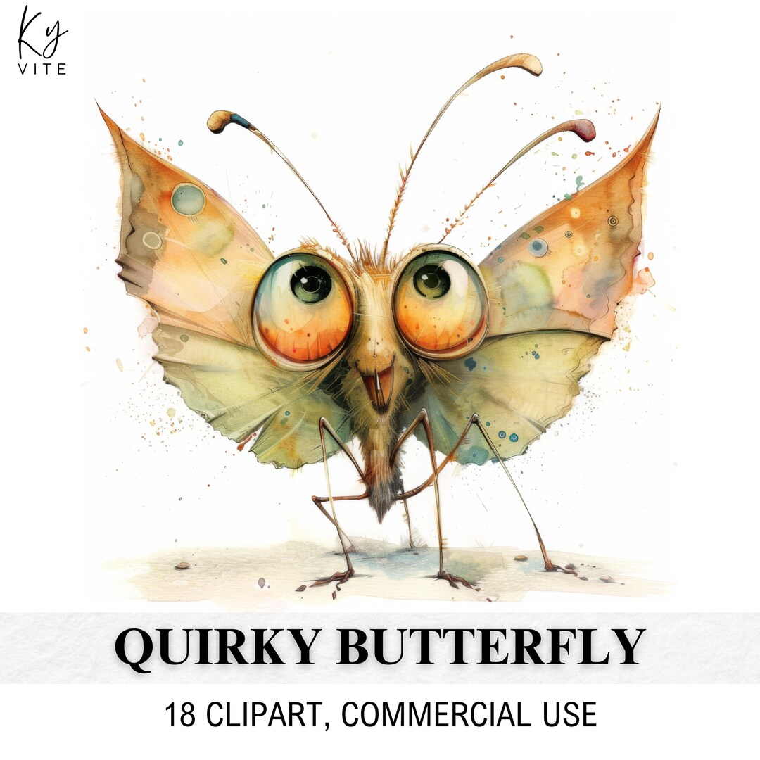 Quirky Butterfly Watercolor Clipart: Funny Insect Art (digital Download ...
