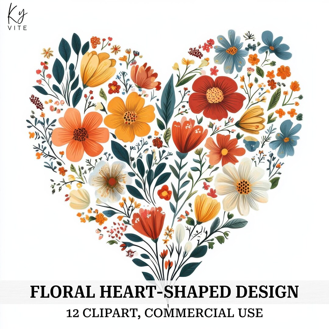 12 Boho Floral Heart Shape Clipart, Heart With Flowers, Valentine, High ...