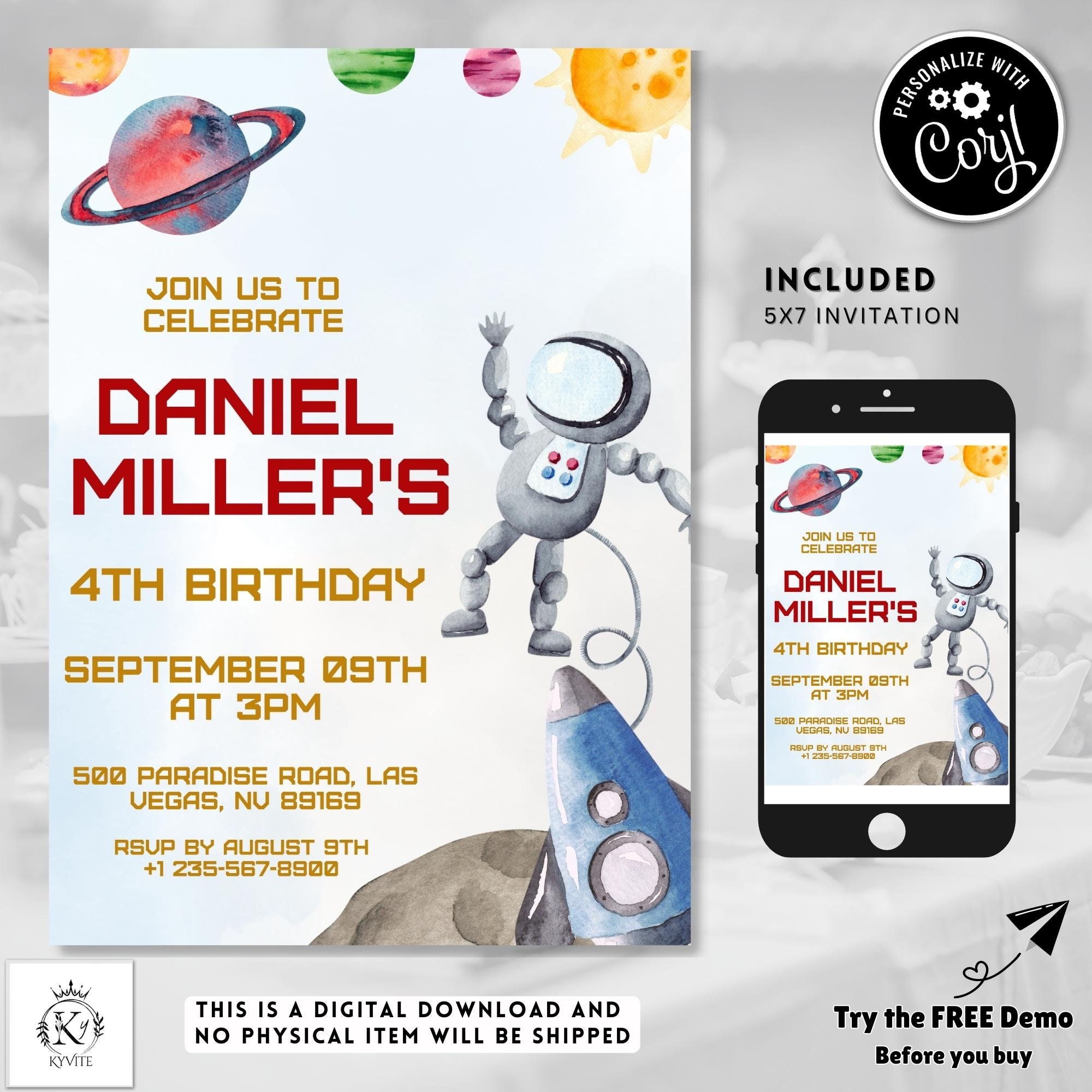 Editable Space Rocket Ship Astronaut Birthday Invitation 3rd - Etsy