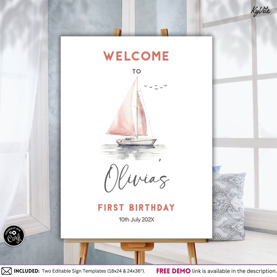 Editable Nautical Birthday Welcome Sign, Nautical Pink Sailboat ...