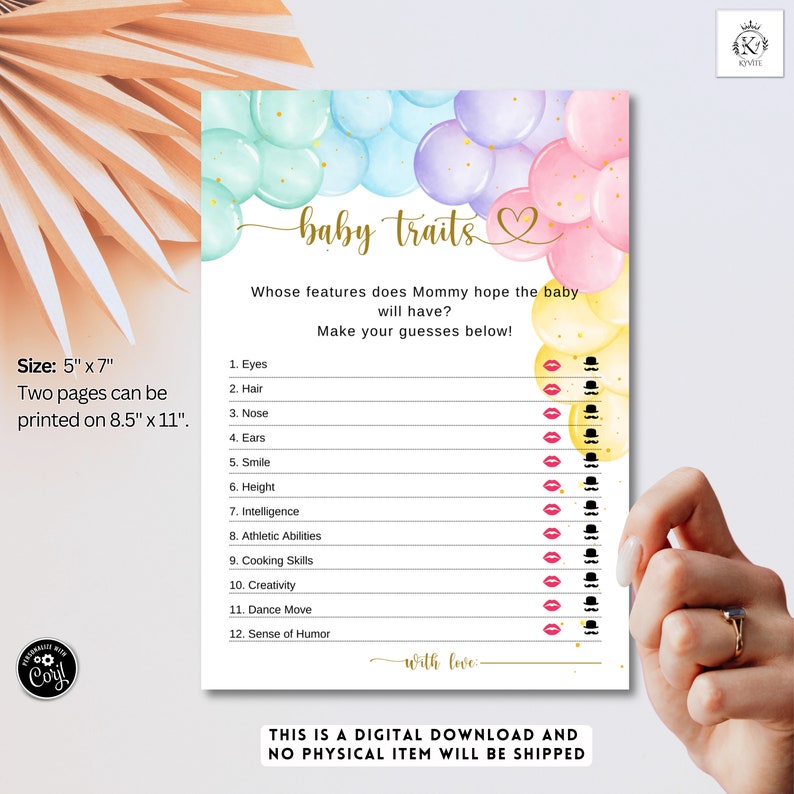 Baby Traits for Baby Shower Game, Guess the Baby Features, Balloon ...