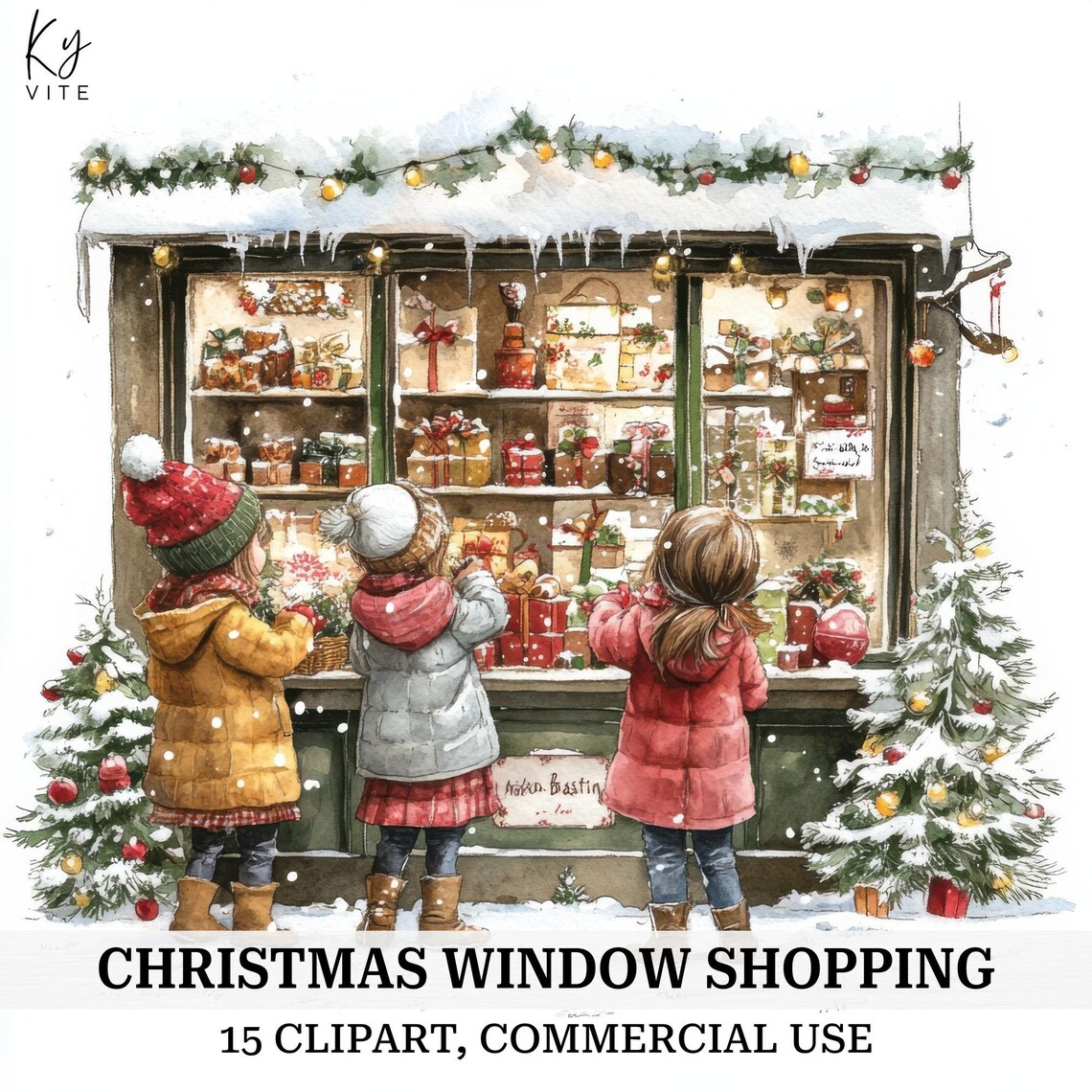 Christmas Window Shopping Clipart: Winter Scene, Children (digital ...