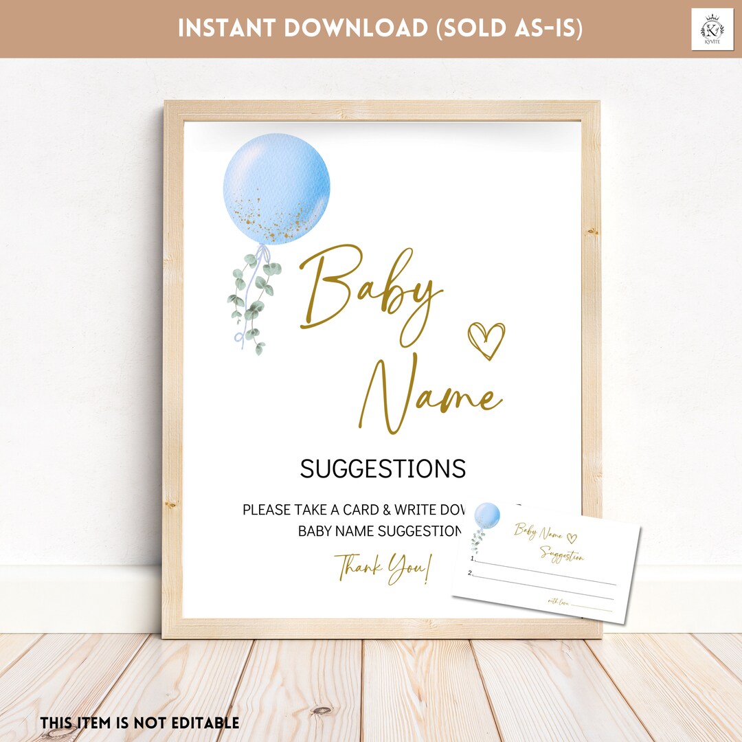 Boy Baby Shower Baby Name Suggestions Sign, Blue Balloon Baby Name ...