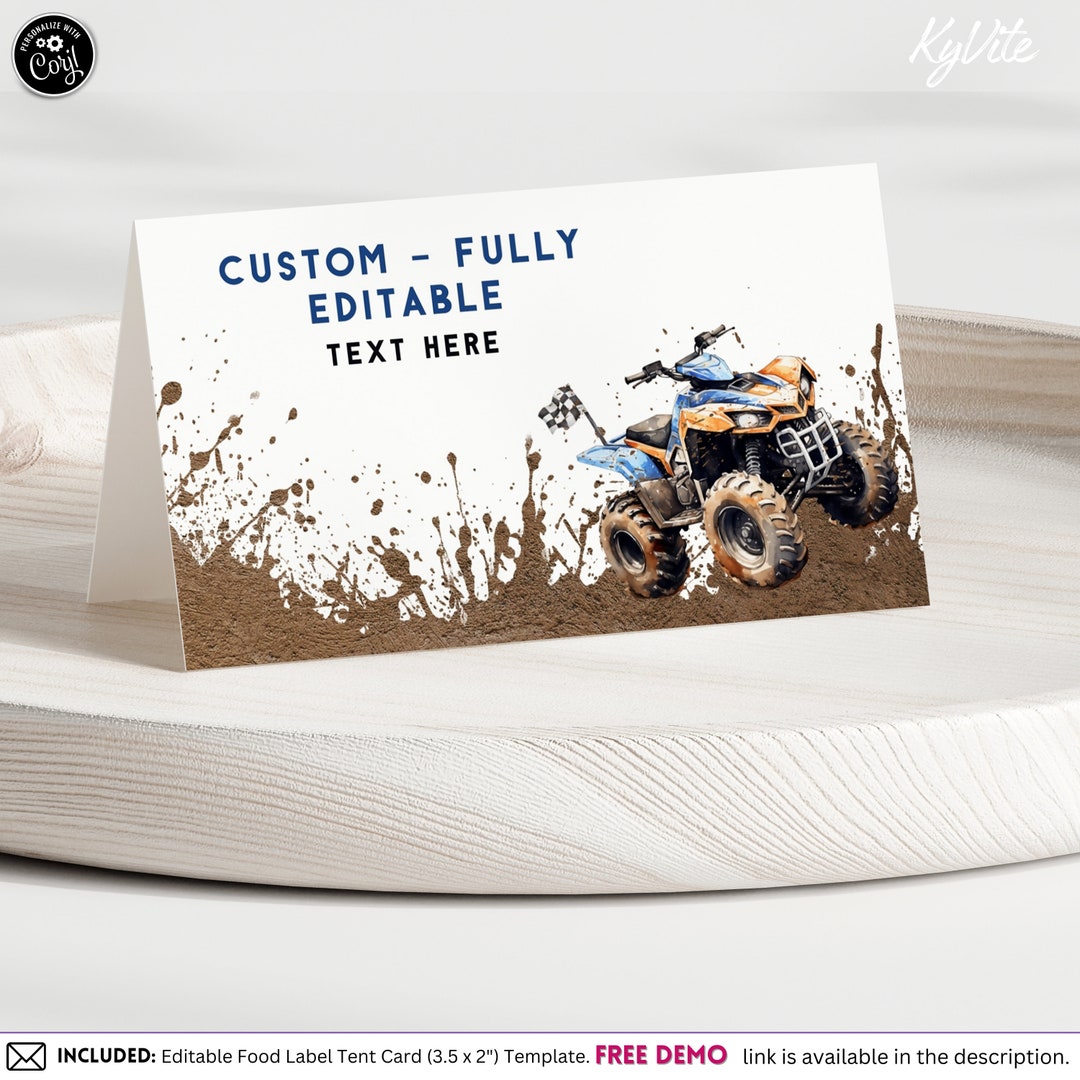 Editable Blue ATV Wheeler Bike Birthday Food Tent Folded/tilt Card, ATV ...