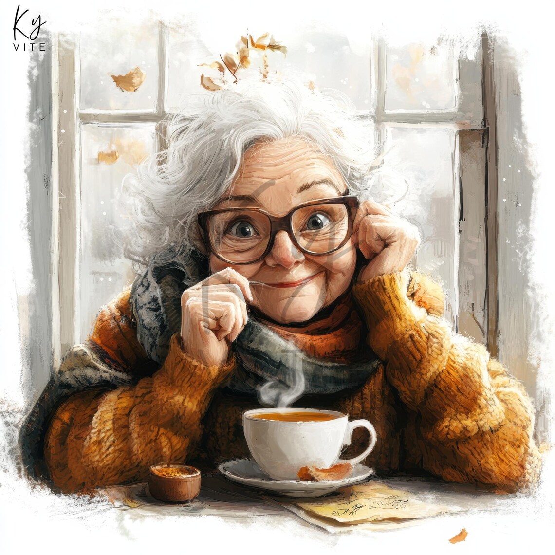 Watercolor Senior Lady Clipart: Quirky Tea Drinker (digital Download ...
