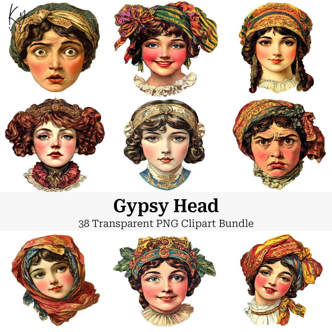 38 Whimsical Gypsy Head Clipart, Transparent PNG Bundle, Fussy Cut PNG ...