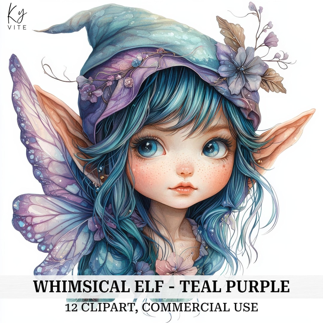 12 Elf Clipart, Teal Purple Elf, Whimsical Elf, Printable Watercolor ...