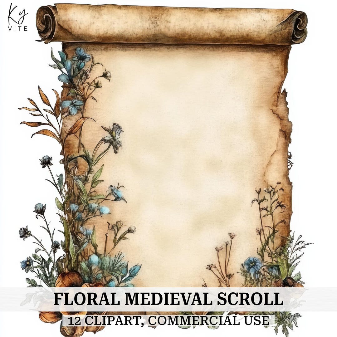 12 Floral Medieval Scroll Clipart, Old Scroll, Printable Watercolor ...
