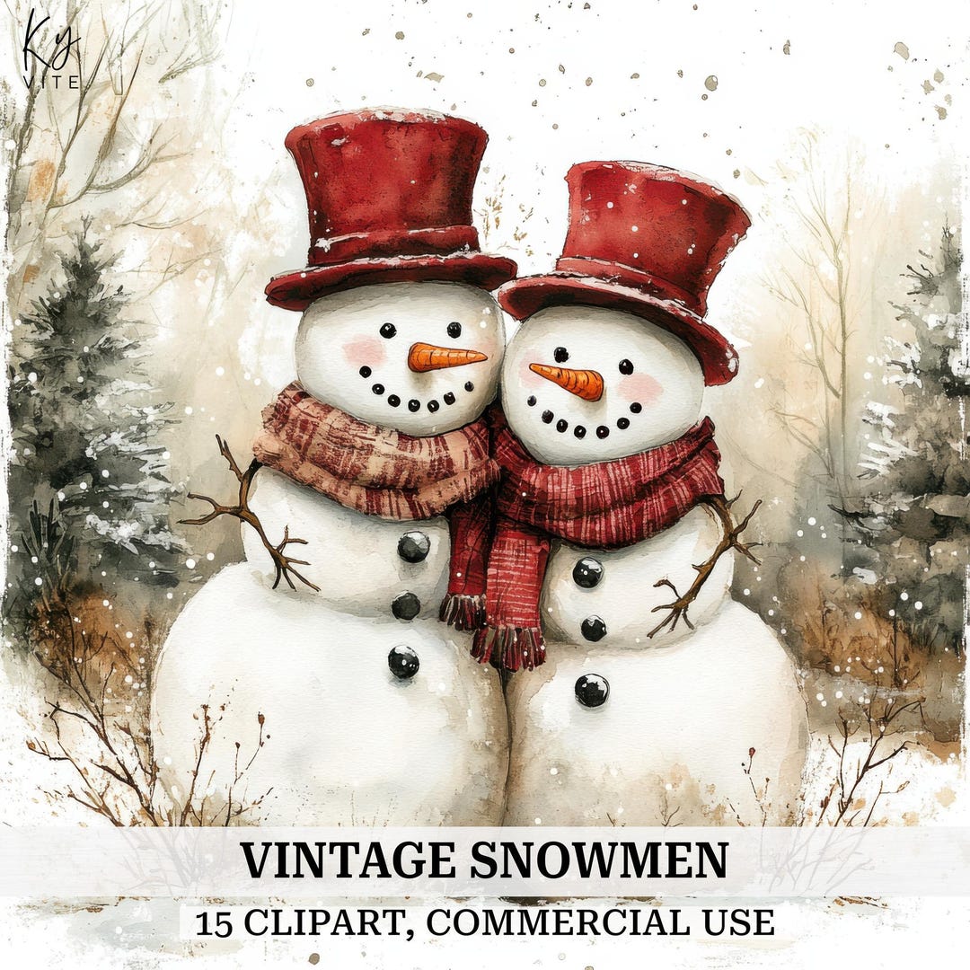 15 Vintage Snowman Clipart – Christmas Watercolor Pngs for Card Making ...