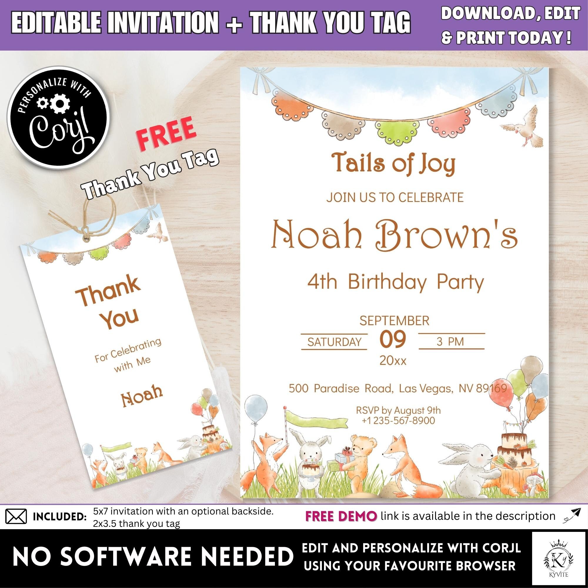 Editable Woodland Cute Animals Birthday Invitation 4th 5th 6th - Etsy