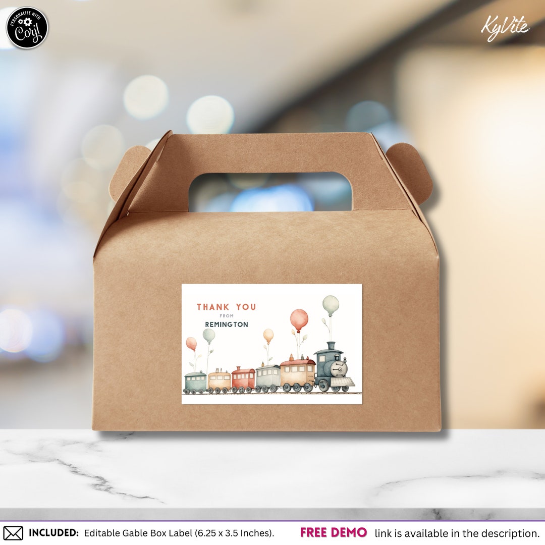 Editable Orange Train Birthday Gable Box Label, Party Favor Box Label ...