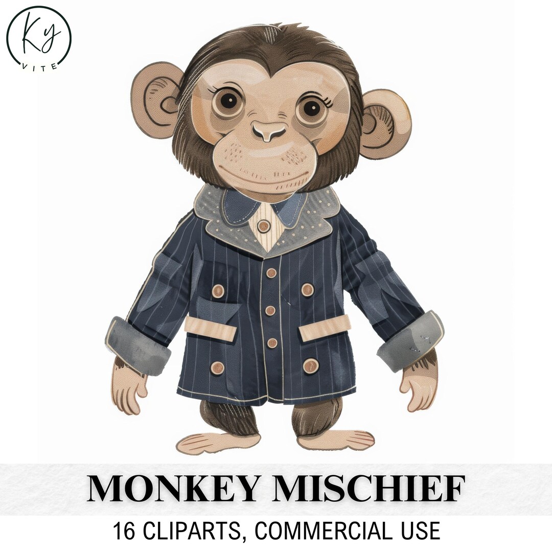 16 Monkeys Clipart, Charming Monkey in Cloths, Printable Watercolor ...