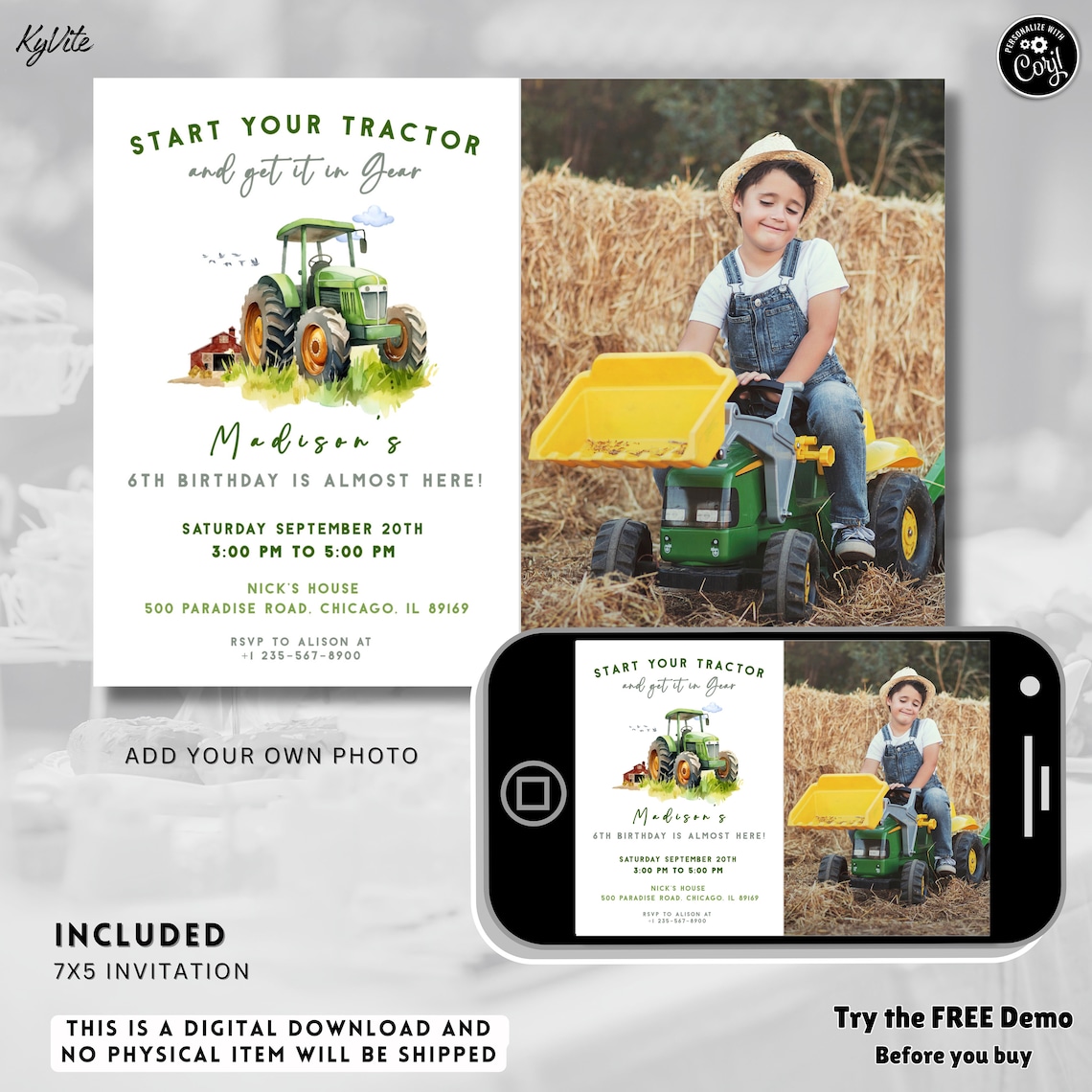 Editable Green Tractor Photo Birthday Invitation, Any Age Tractor Theme ...