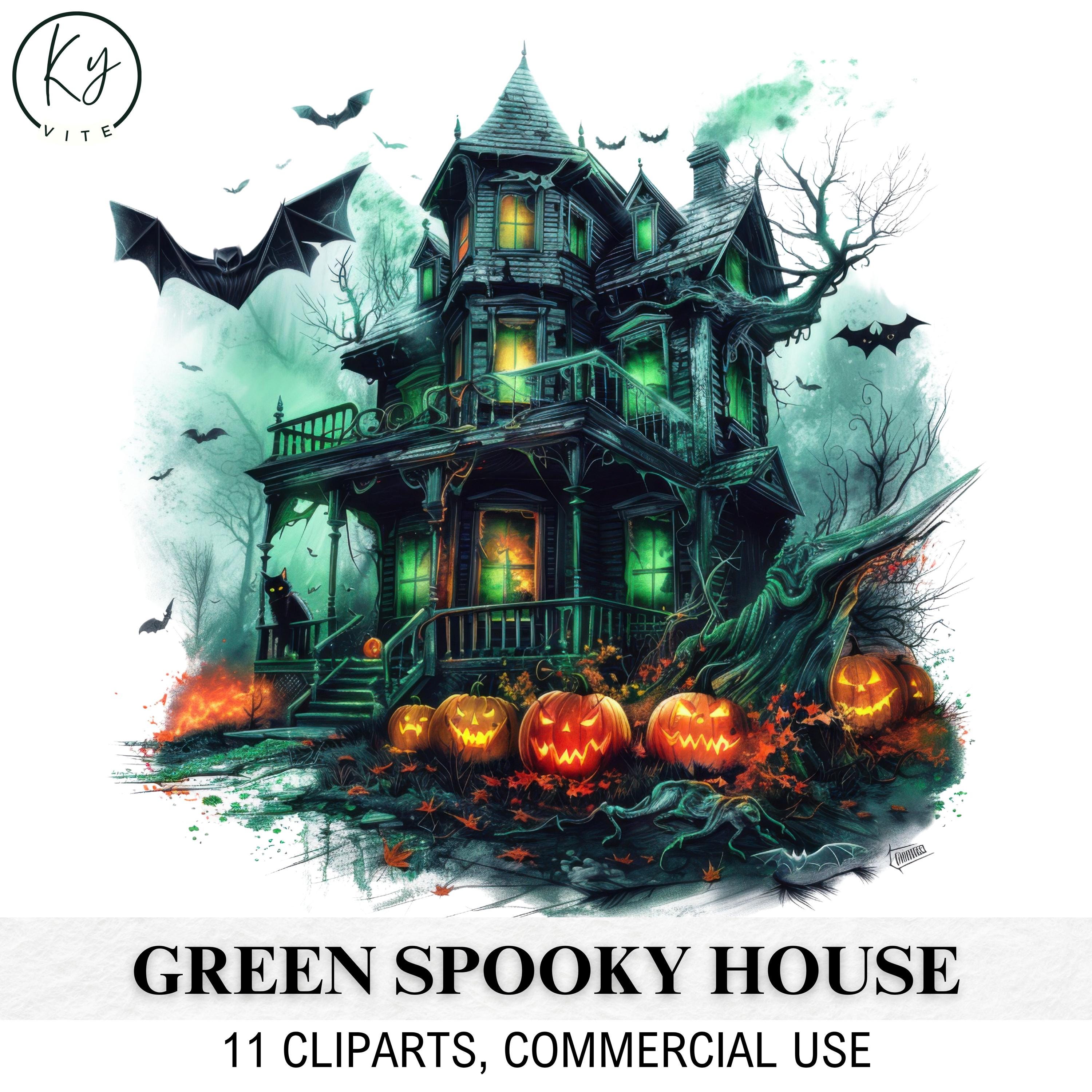 11 Green Haunted House Clipart, Spooky House, Printable Watercolor ...