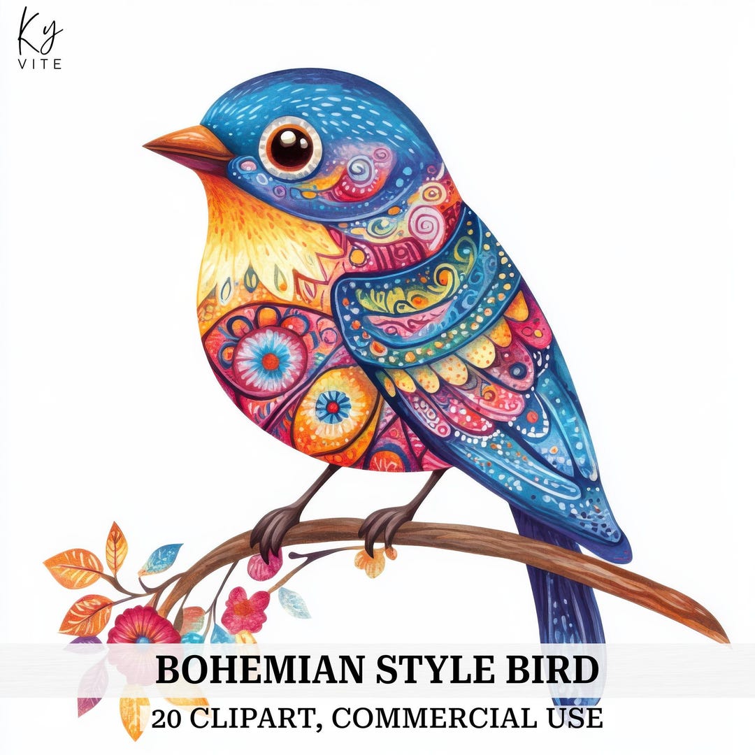 20 Bohemian Style Bird Clipart, Bohemian Folk Art, Boho Bird, Printable ...