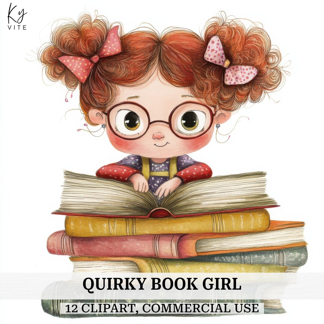 Quirky Book Girl Clipart: Watercolor Book Lover Art (digital Download ...