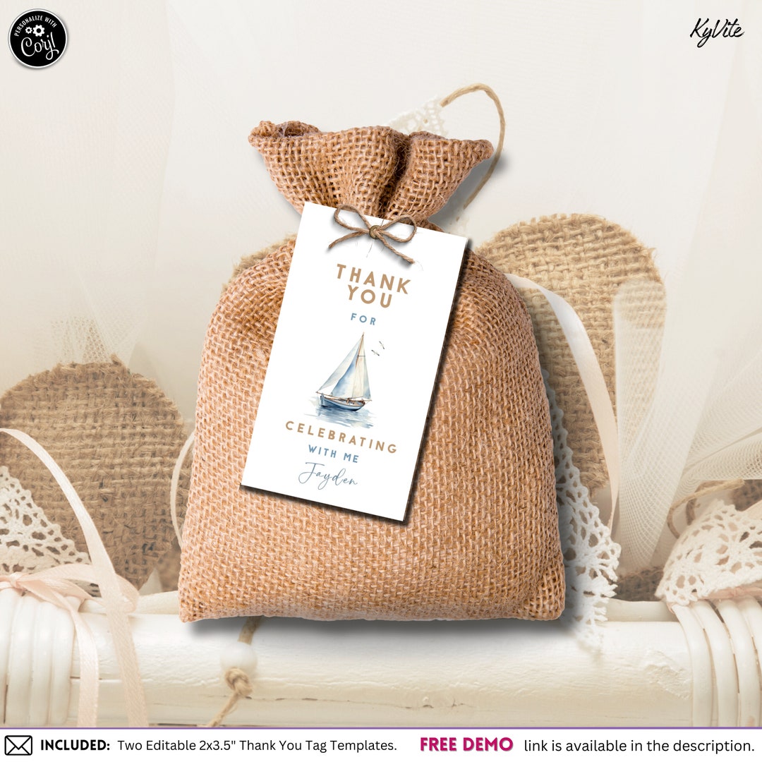 Editable Nautical Blue Sailboat 1st Birthday Thank You Tag, Thank You ...
