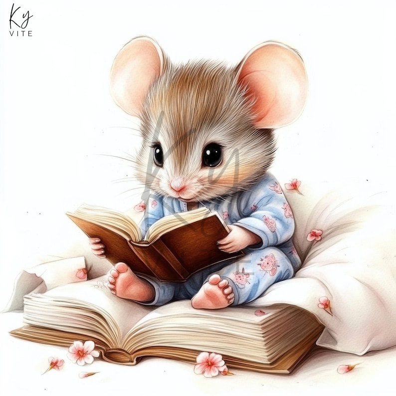 12 Cute Little Reading Mouse Watercolour Clipart, Printable Baby Mouse ...