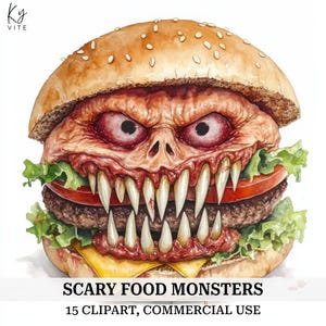 15 Scary Food Monsters Clipart, Halloween, Printable Watercolor Clipart ...