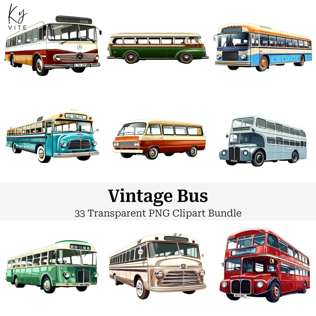 33 Vintage Bus Clipart, Transparent PNG Bundle, Old Classic Bus, Fussy ...