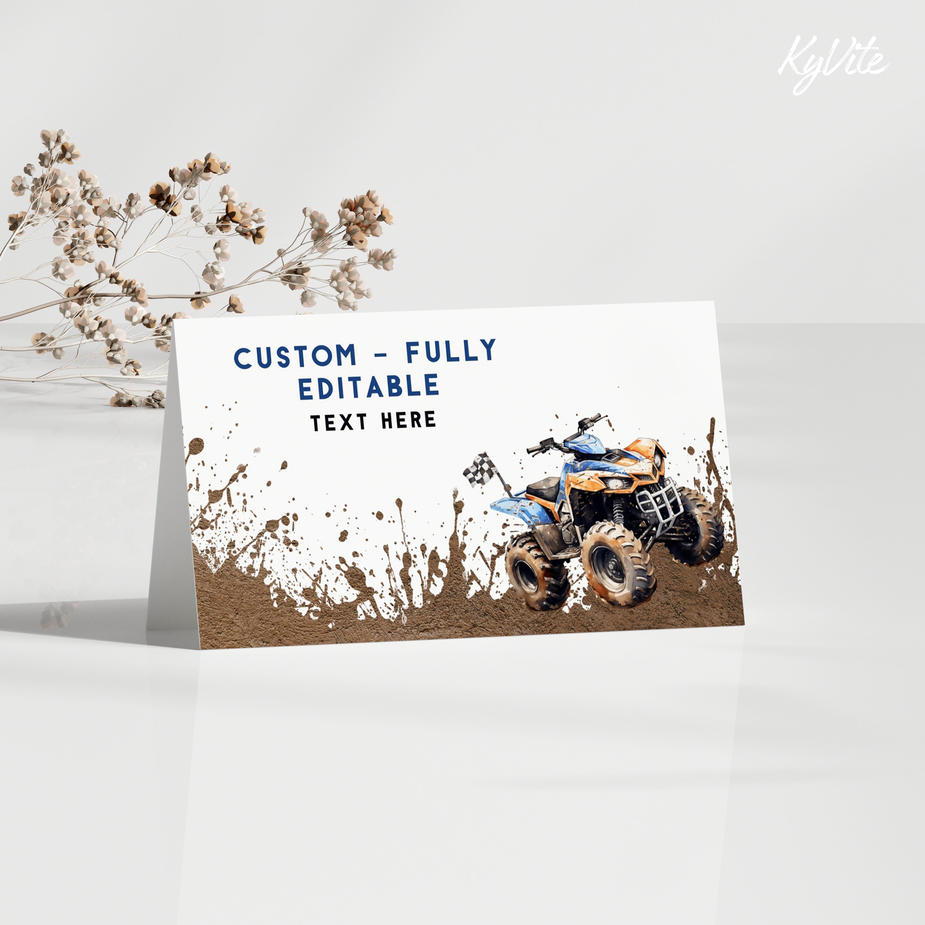 Editable Blue ATV Wheeler Bike Birthday Food Tent Folded/tilt Card, ATV ...