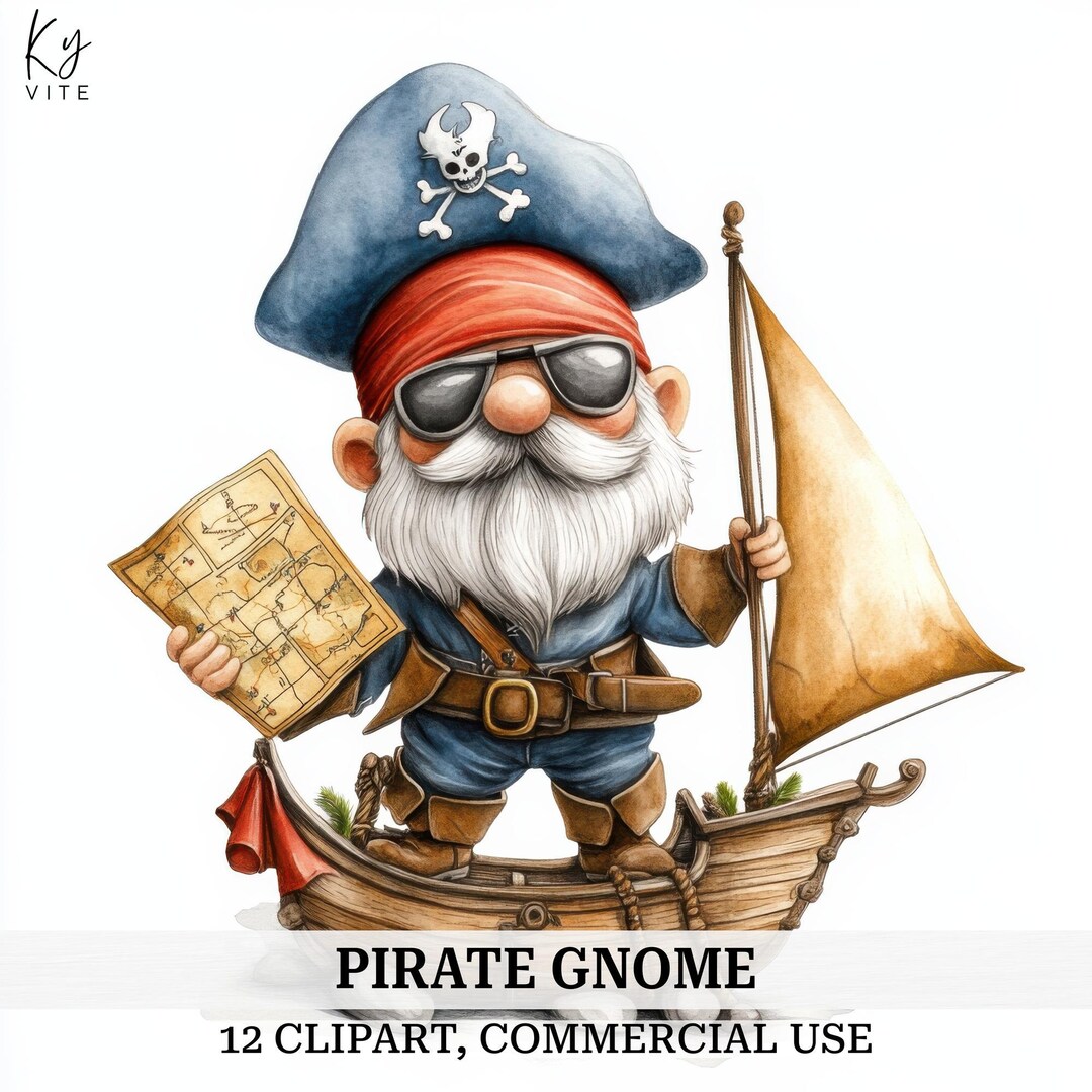12 Pirate Gnomes Clipart, Cartoon Gnome Pirate, Card Making, Scrapbook ...