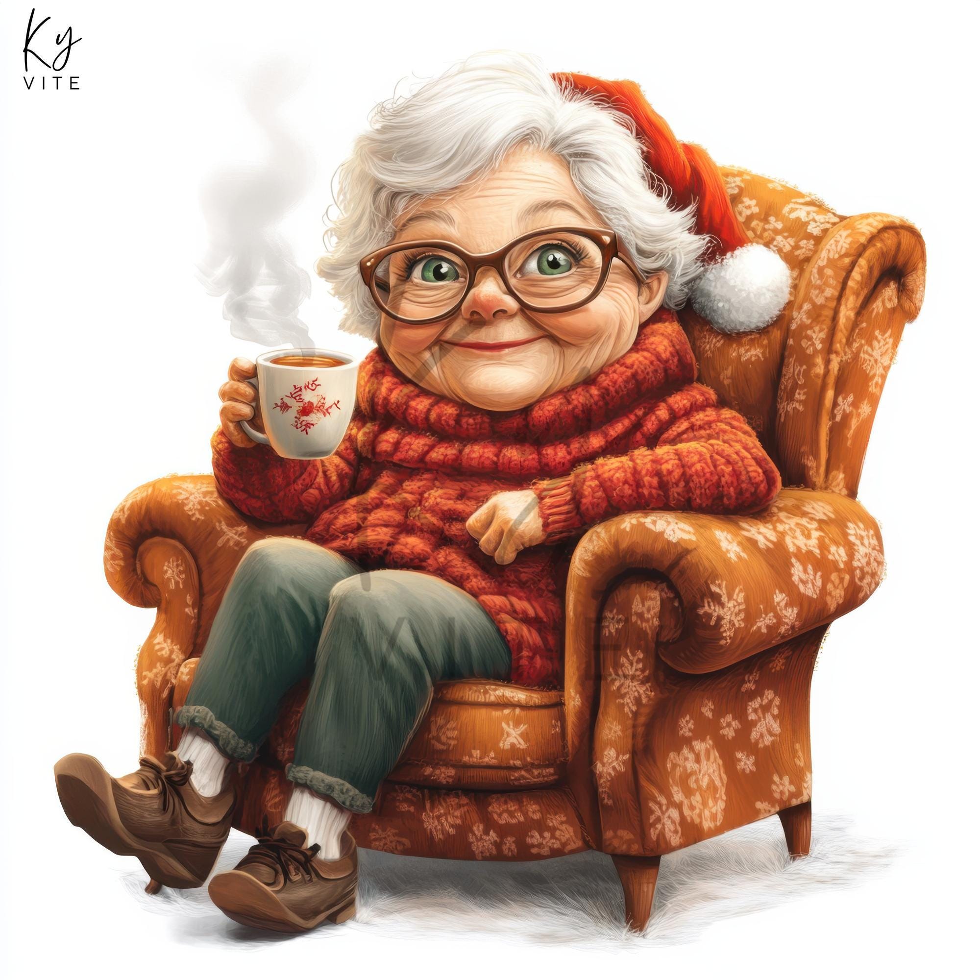Watercolor Senior Lady Clipart: Quirky Tea Drinker (digital Download ...