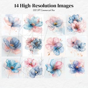 14 Abstract Flowers Clipart, Pink Marble Blue & Gold Flower, Printable ...
