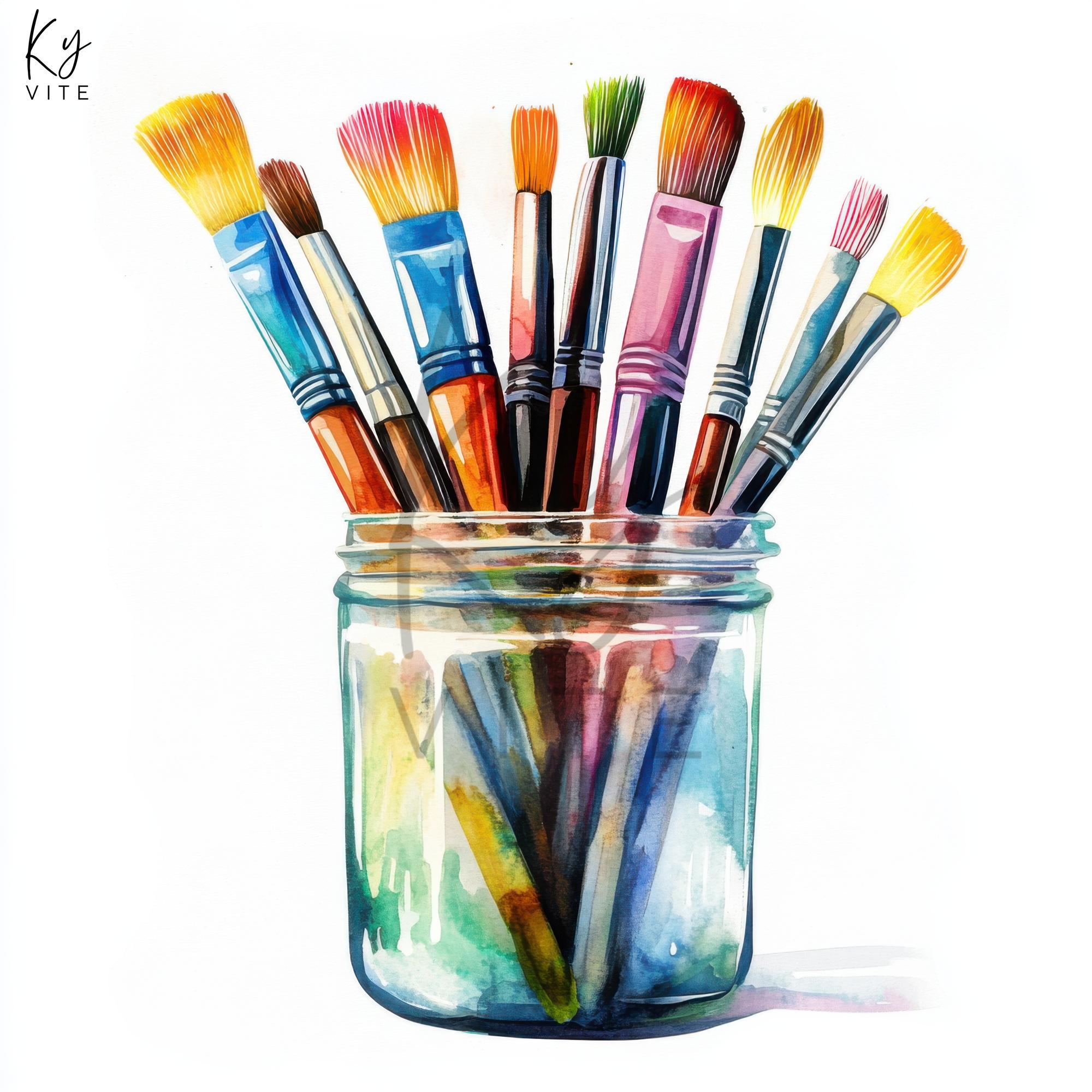Watercolor Paint Brushes Clipart: Art Tools in Jar (digital Download ...