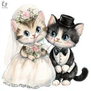 15 Cute Kitten Wedding Couple Clipart, Bride and Groom Cat, Wedding ...