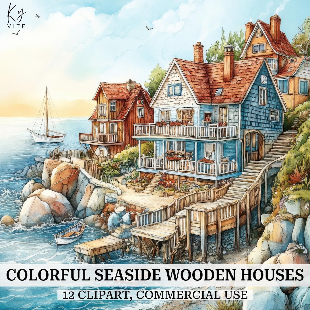 12 Seaside Wooden Houses Clipart, Seaside Cottages, Printable ...