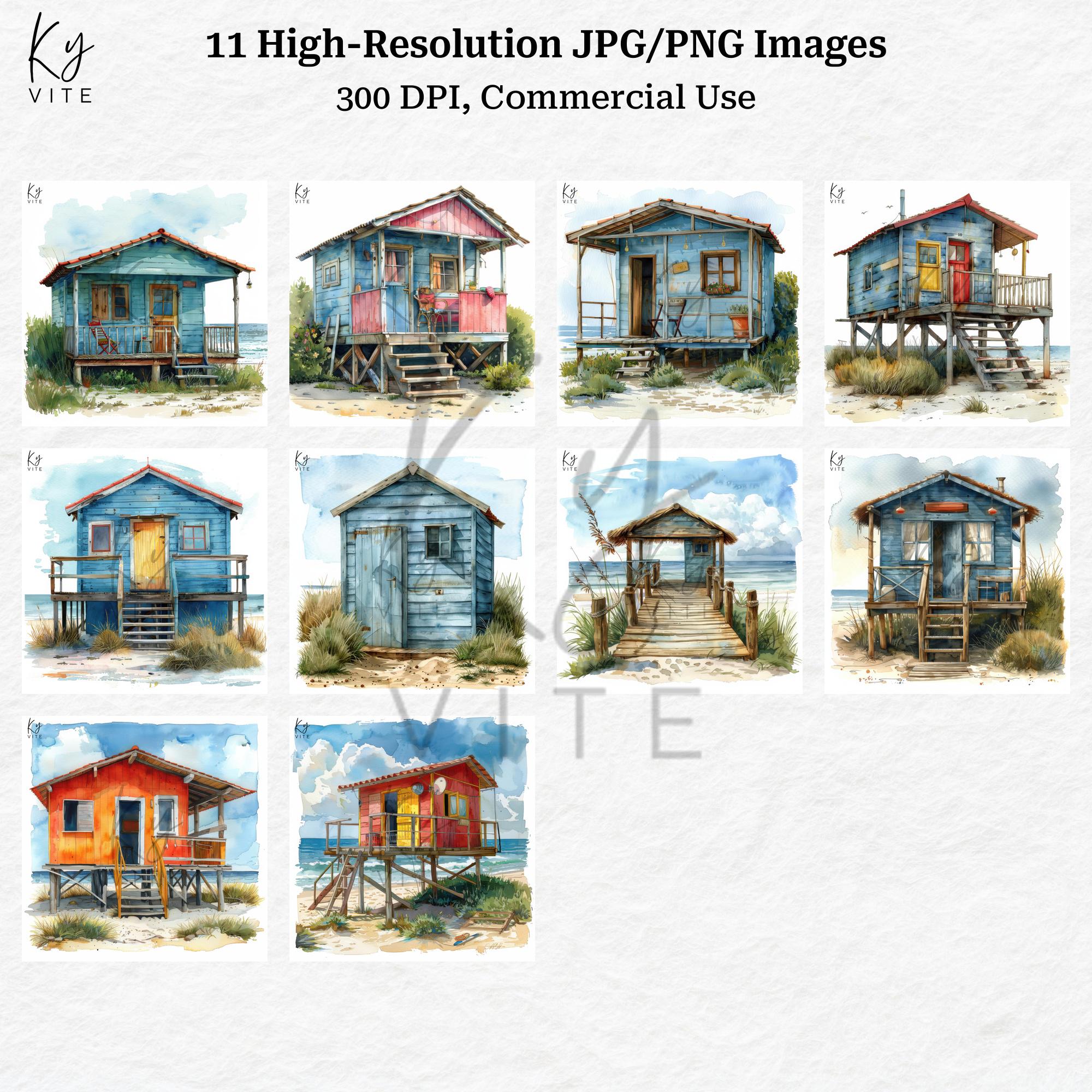 11 Whimsical Beach Hut Watercolor Clipart, Summer Beach House, Soft ...