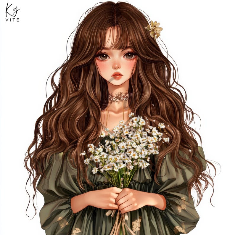 12 Cute Boho Girl Watercolour Clipart, Printable Floral Anime Digital ...