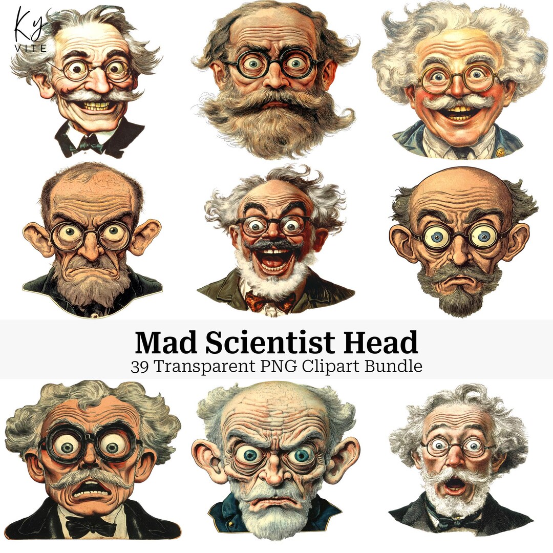 Mad Scientist Head Clipart: Vintage PNG Bundle for Junk Journals ...