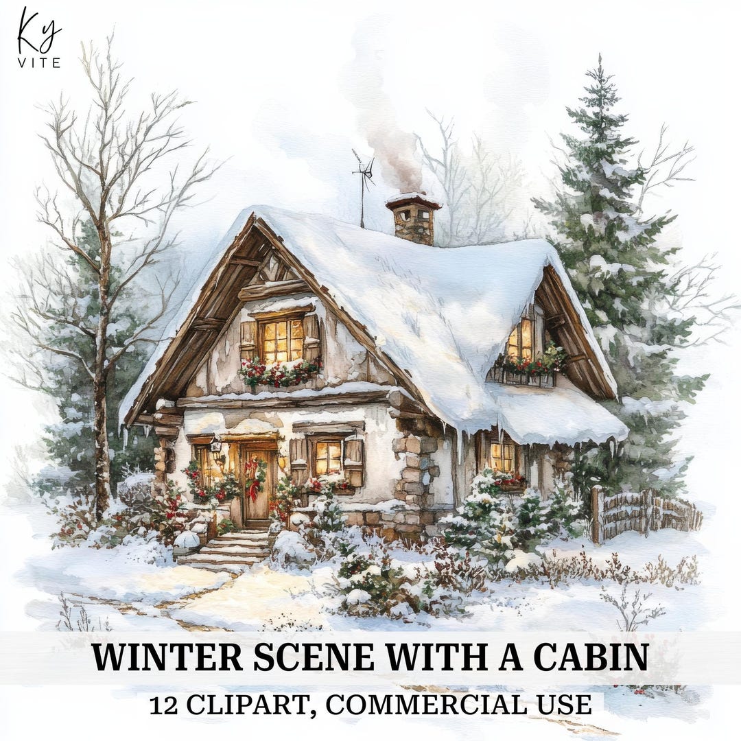 12 Winter Cabin Clipart, Winter Scene With a Cabin, Christmas ...