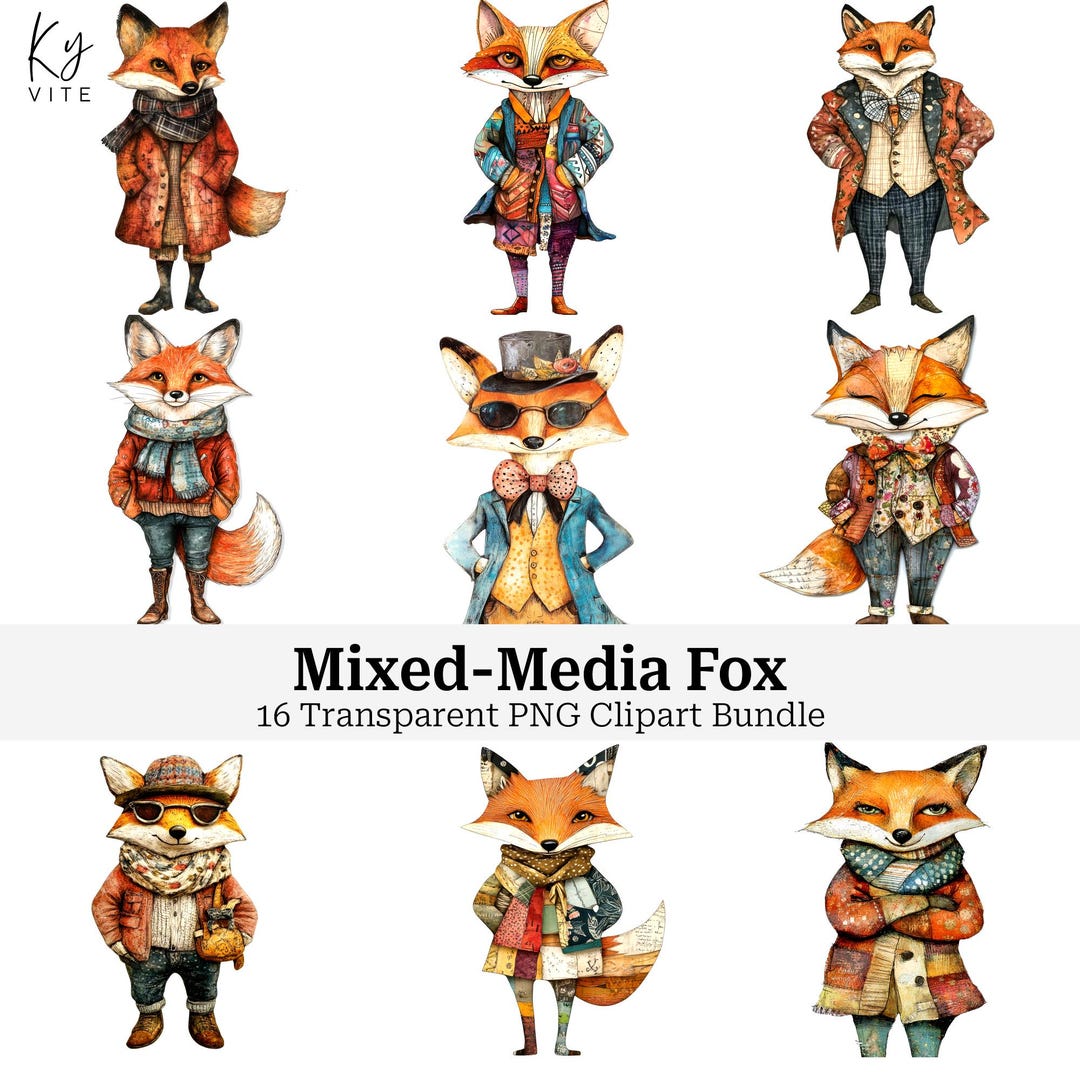 16 Mixed-media Fox Clipart, Fox Wearing Funny Clothes, Fussy Cut PNG ...