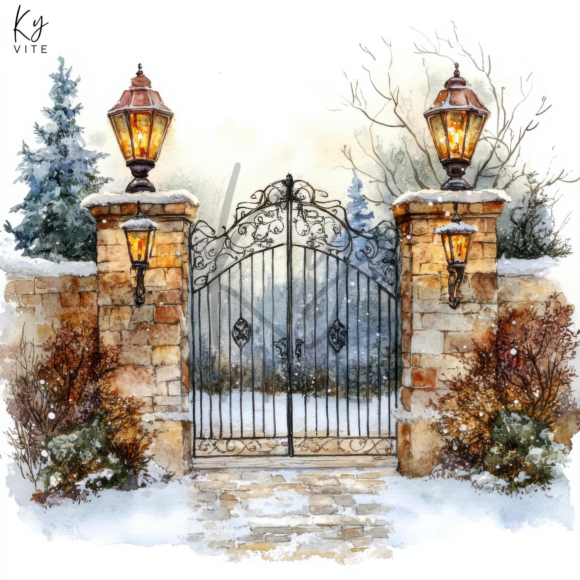 Winter Garden Gate Watercolor Clipart: Snowy Entrance (digital Download ...