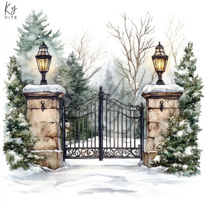 Winter Garden Gate Watercolor Clipart: Snowy Entrance (digital Download ...