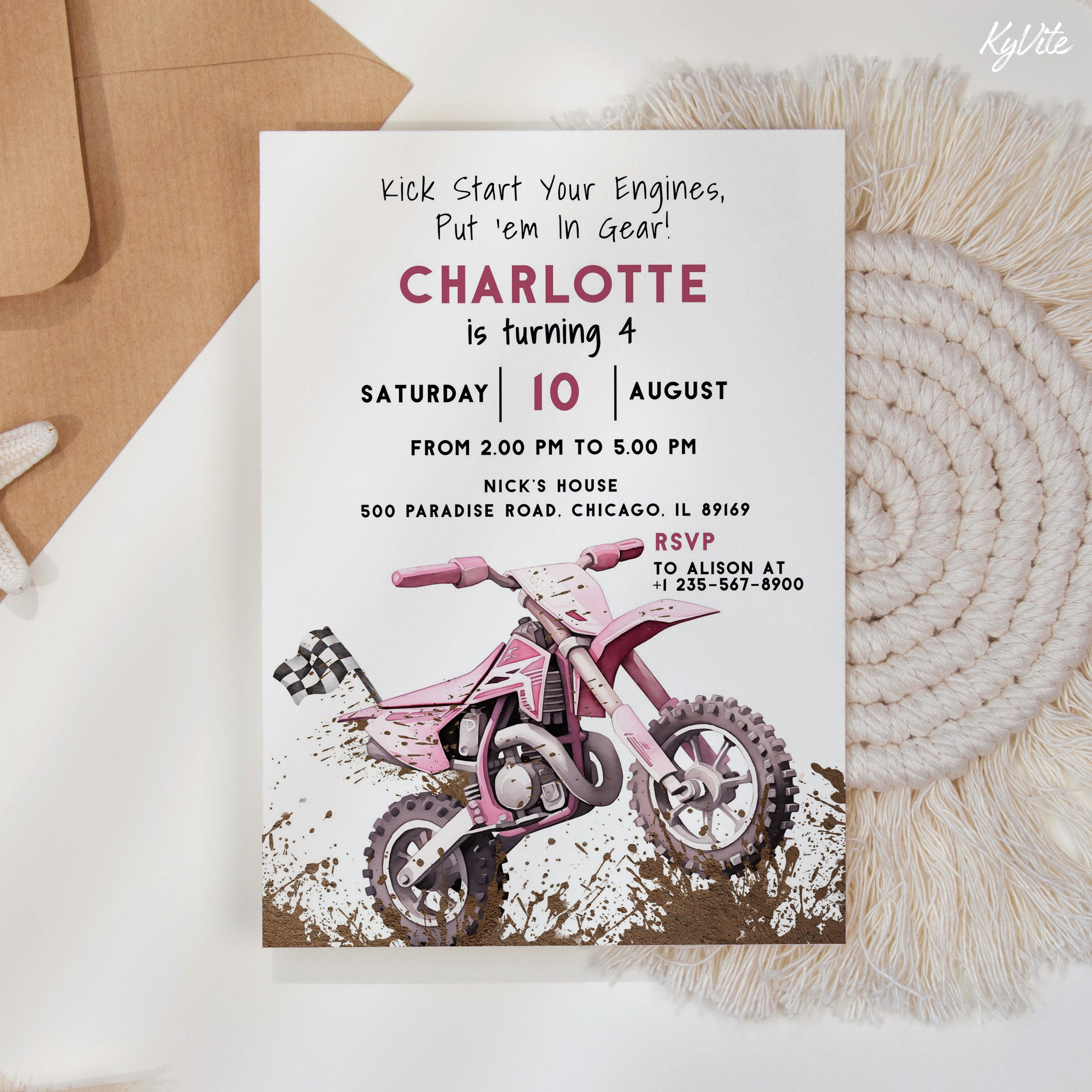 Editable Pink Dirt Bike Birthday Invitation, Dirt Bike Theme Birthday ...