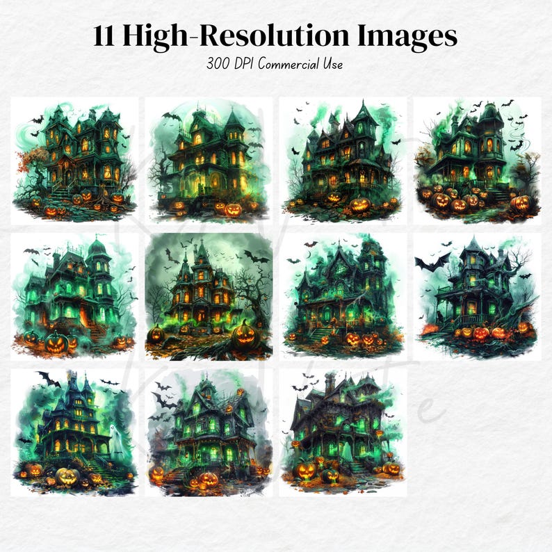 11 Green Haunted House Clipart, Spooky House, Printable Watercolor ...