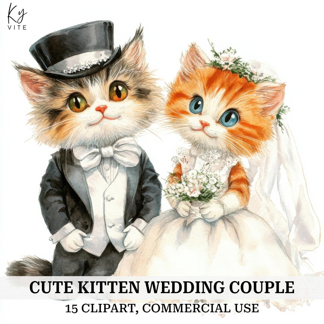 15 Cute Kitten Wedding Couple Clipart, Bride and Groom Cat, Wedding ...